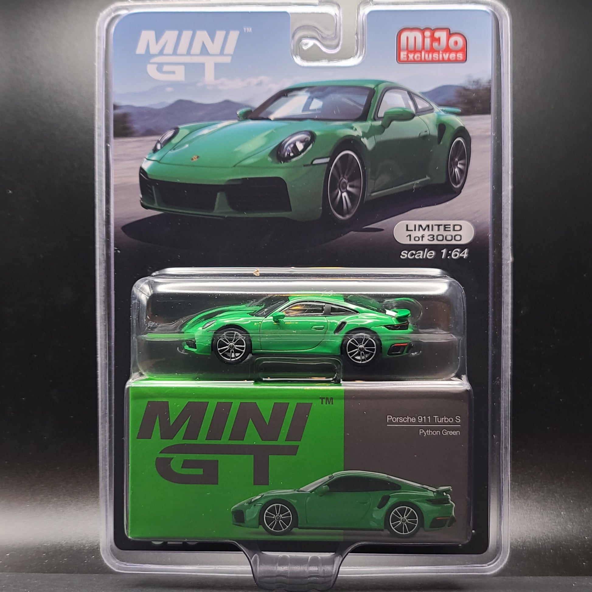 Mini GT Porsche 911 Turbo S - 1:64 scale, Python Green (2023 MIJO Excl ...
